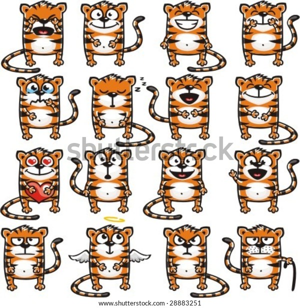 Smiley tigers individually grouped for easy copy-n-paste. Vector.