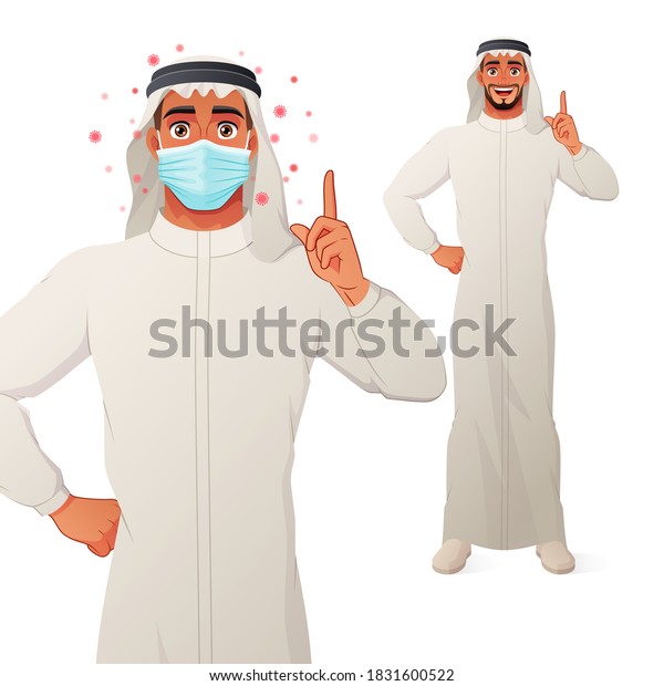 Smiling Arab man in face mask pointing finger up to give advice or ...