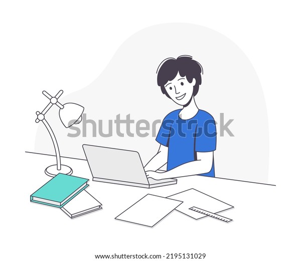 Smiling Boy School Pupil Doing Homework Stock Vector (Royalty Free ...