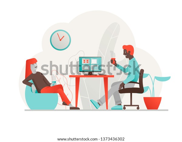 Smiling Business Colleagues Drinking Coffee Talking Stock Vector ...