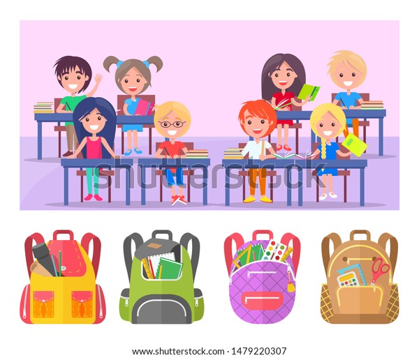 Smiling Classmates Sitting Desktop Notebook Backpack Stock Vector ...