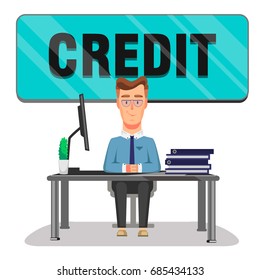 Smiling Credit Manager Character Sitting Bank Stock Vector (Royalty ...