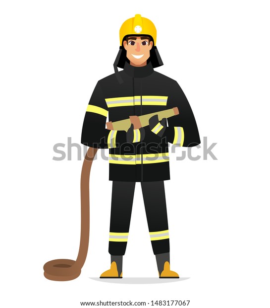 Smiling Firefighter Man Fire Brigade Standing Stock Vector (Royalty ...