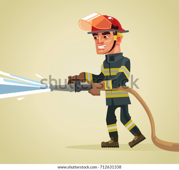 Smiling Fireman Character Holding Hose Extinguishing Stock Vector ...