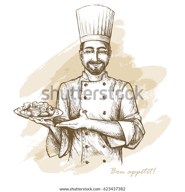 Smiling Happy Chef Plate Hand Drawn Stock Vector (Royalty Free ...