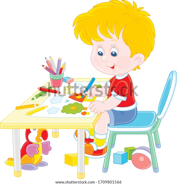 Smiling Little Boy Sitting His Table Stock Vector (Royalty Free ...