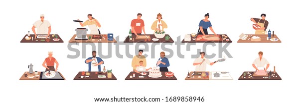 Smiling People Cooking On Kitchen Table Stock Vector (Royalty Free ...