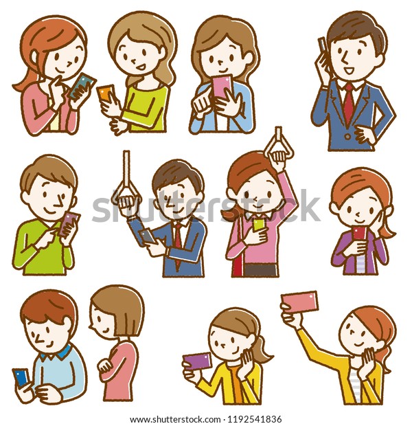 Smiling People Using Smart Phones Stock Vector (Royalty Free) 1192541836