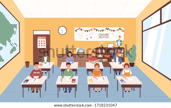 Smiling Pupils Sitting Desks Classroom Geography Stock Vector (Royalty ...