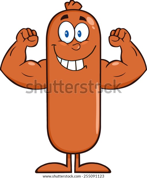 Smiling Sausage Cartoon Character Flexing Vector: เวกเตอร์สต็อก (ปลอด ...