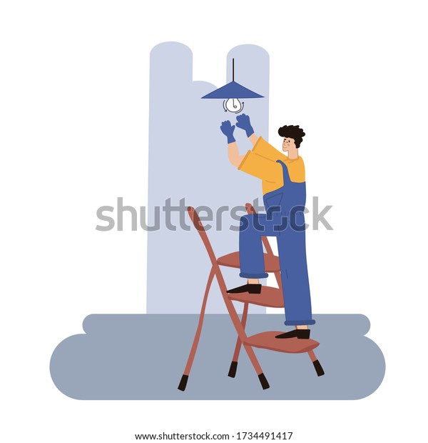 Smiling Worker Twisting Light Bulb Vector Stock Vector (Royalty Free ...