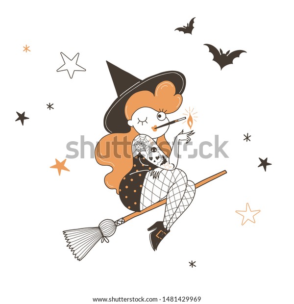 Smoking Witch On Broom Flat Vector Stock Vector (Royalty Free) 1481429969