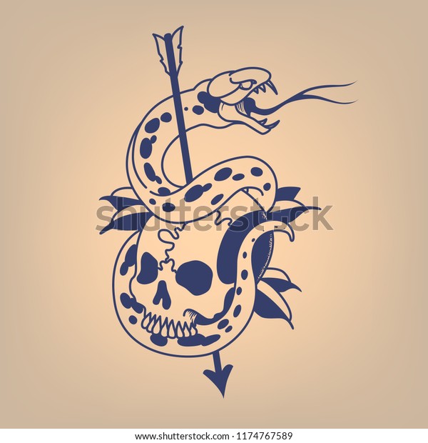 Snake On Skull Pierced Arrow Traditional Stock Vector (Royalty Free ...