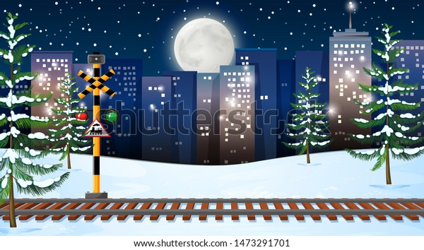 Snow Scene Train Tracks Night Illustration Stock Vector (Royalty Free ...