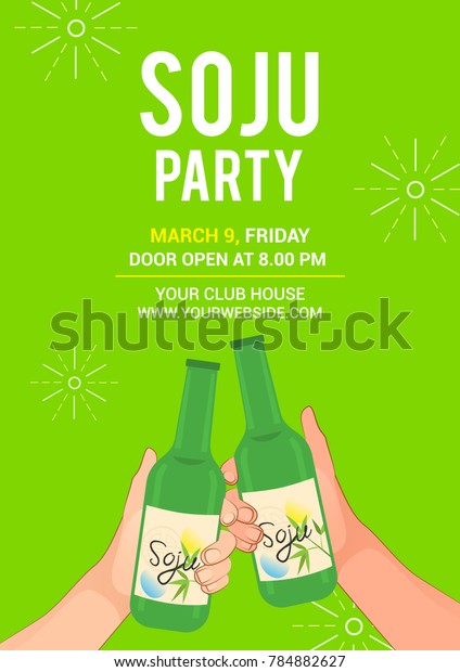 Soju Party Poster vector illustration, Cheers! Soju glass bottles.