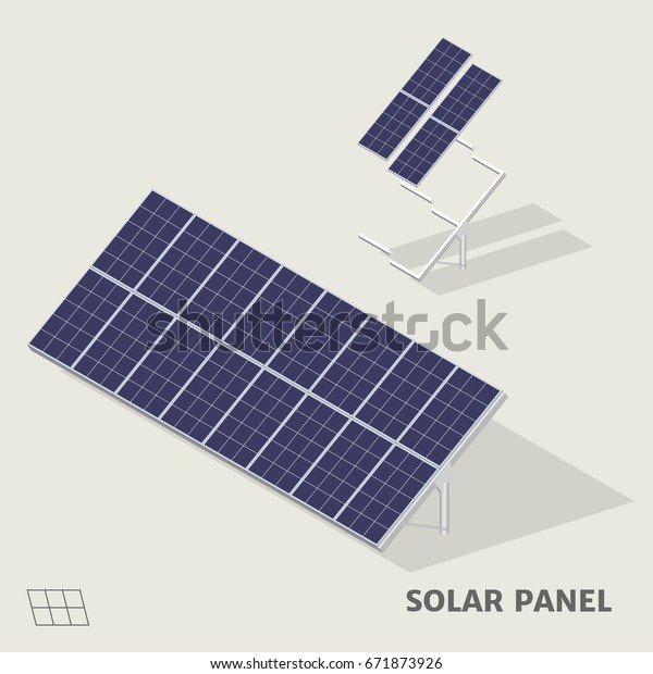 Paneles solares en vista isométrica con sombra incluyendo con símbolo.
