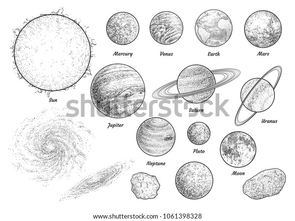 Vektor Stok Solar System Illustration Drawing Engraving Ink (Tanpa ...