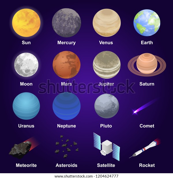 Vektor Stok Solar System Planets Icon Set Isometric (Tanpa Royalti ...