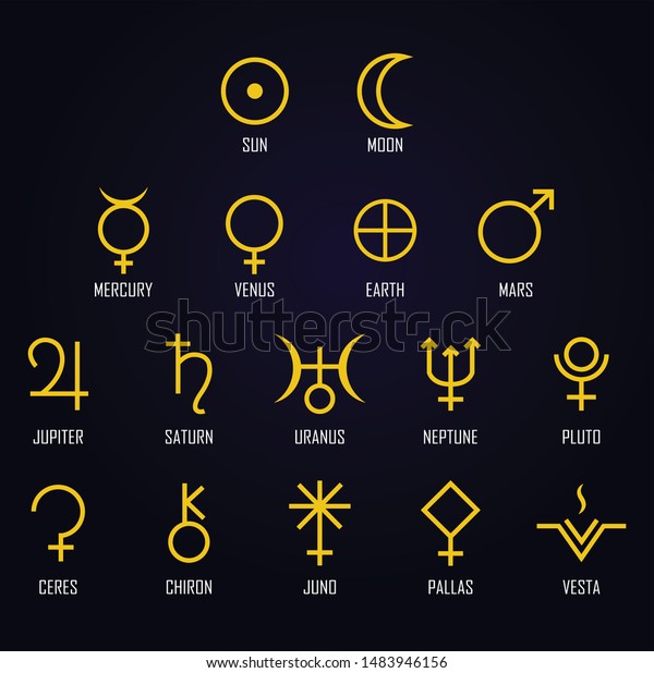 Solar system planets icons set symbols pictogram outline. Astrology ...