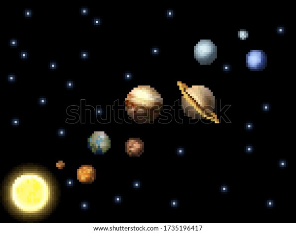The Solar system in a retro 8 bit arcade video game pixel art style.
