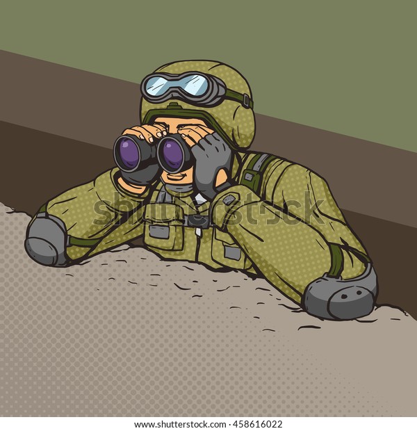 Soldier Looks Through Binoculars Trenches Cartoon Stock Vector (Royalty ...