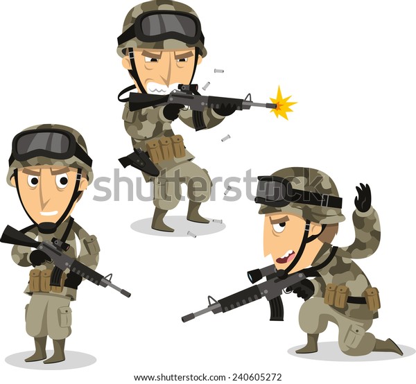 Soldier with machine gun helmet war uniform standing, vector ...