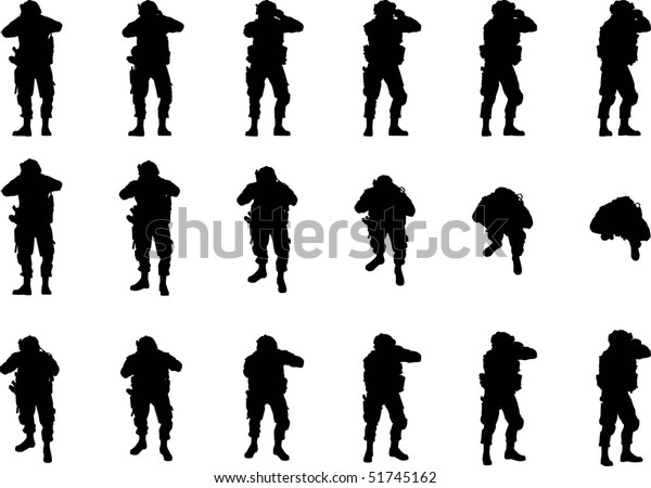Soldier silhouette in different perspectives, vector