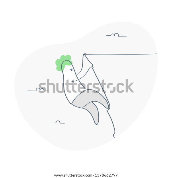Solo climber climbs a sheer cliff. He is hanging by a cliff over the ...