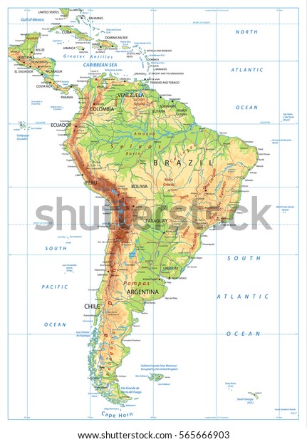 South America Physical Map isolated on white with global relief, roads ...
