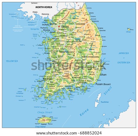South Korea Physical Map Vector Illustration 스톡 벡터(사용료 없음) 688852024 ...