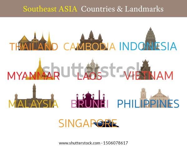 Southeast Asia Countries Landmarks Text Word Stock Vector (Royalty Free ...