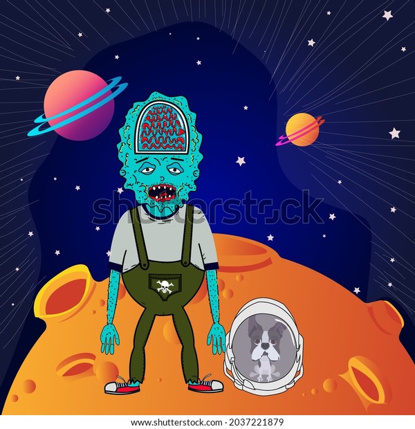 Space Background Alien Dog Spacesuit Planets Stock Vector (Royalty Free ...