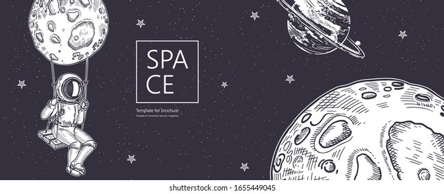 Space Background Outline Astronaut Planets Satellites Stock Vector ...
