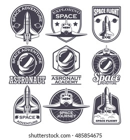 Monochrome Illustrations Space Shuttle Astronauts Labels Stock Vector ...