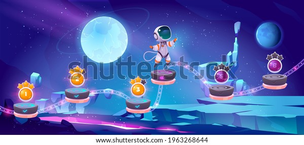 Space game, mobile arcade with astronaut jump on platforms with bonus ...