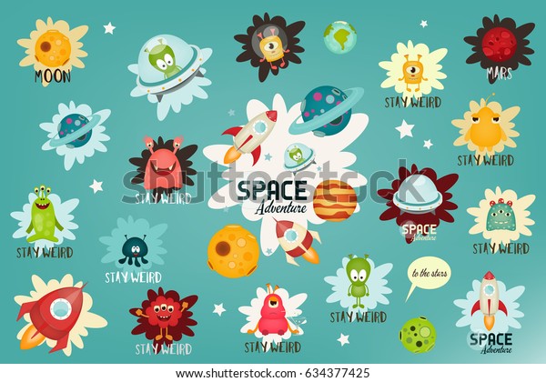 Space Labels Set Cartoon Aliens Galaxy Stock Vector (Royalty Free ...