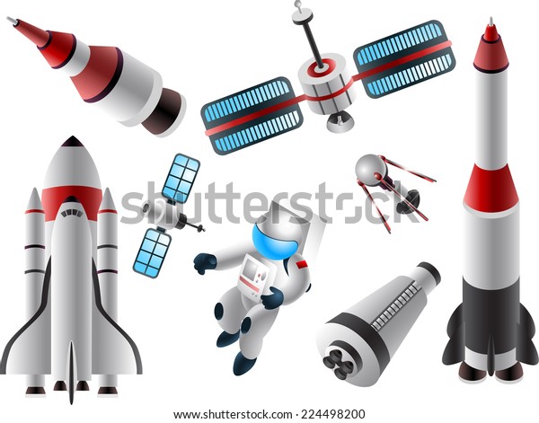 Space race rockets, satellite and space ship cartoon icons