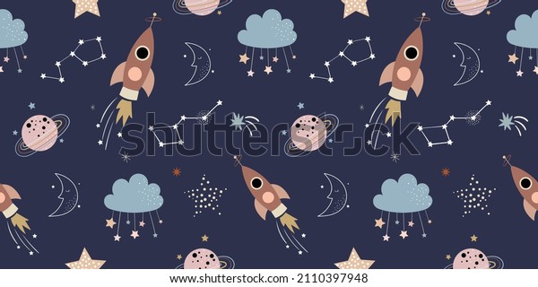 Space Seamless Pattern Kids Childrenwallpaper Nursery Stock Vector ...