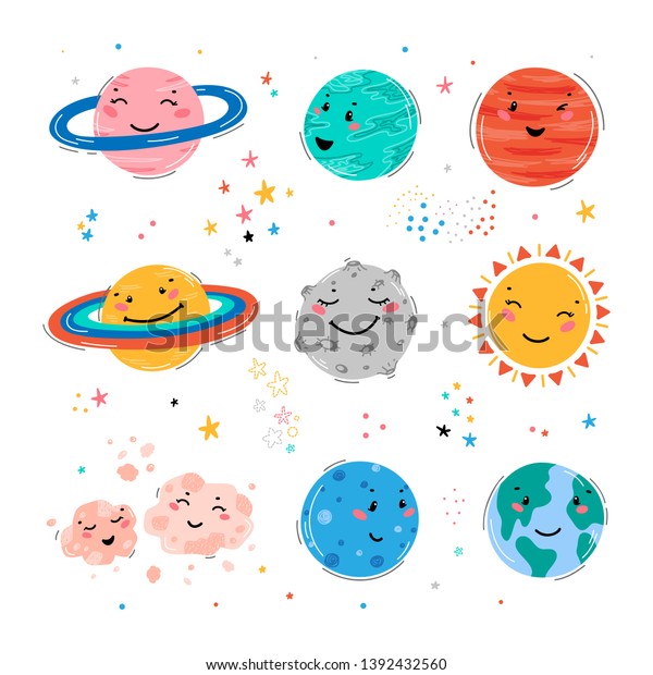 Space Set with Planets Solar System, Sun, Meteorite. Cute Planet ...