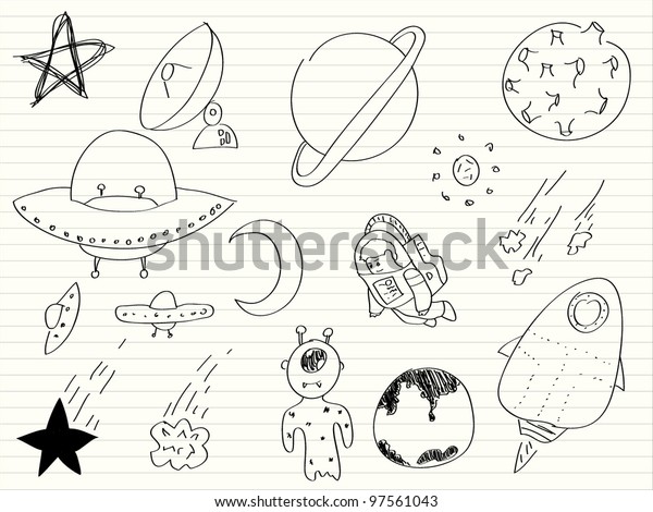 Space Ufo Aliens Doodles Set Stock Vector (Royalty Free) 97561043