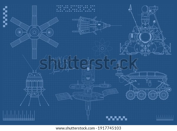Spacecraft Drawings Blueprint Background Retro Engineering Stock Vector ...