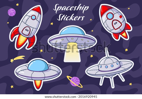 Spaceship Cartoon Stickers Set Collection Spacecraft Stock Vector ...