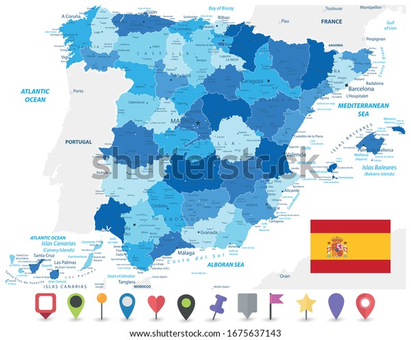 Spain Administrative Divisions Map Blue Color Stock Vector (Royalty ...