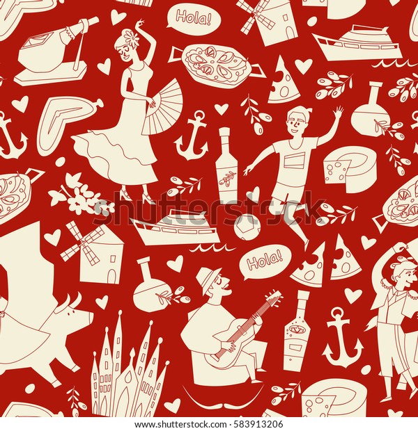 Spain Contour Elements Vector Seamless Pattern Stock Vector (Royalty ...