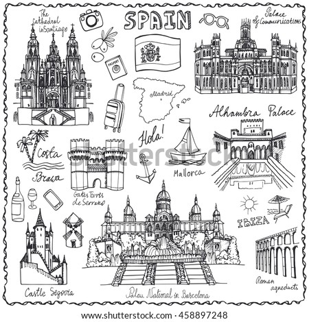 Spain Doodle Landmarks Vector Famous Architectural Symbolshand Stock ...