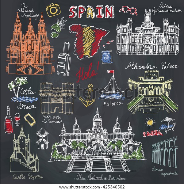Spain Doodle Landmarksvector Famous Architectural Symbolshand Stock ...