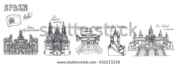 Spain Doodle Landmarksvector Famous Architectural Symbolcityscapehand ...