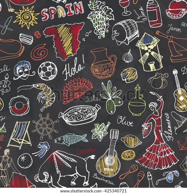 Spain Doodles Seamless Patternelementsiconvector Hand Drawn Stock ...