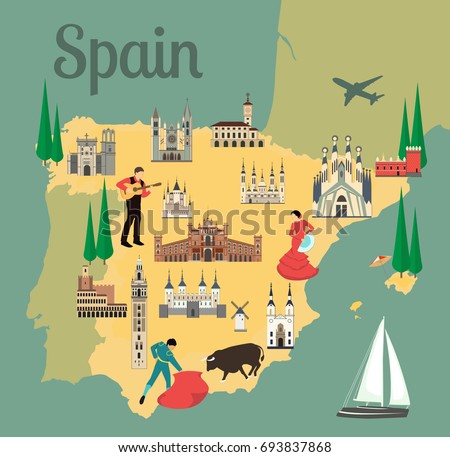 Spain Travel Map Sights Flat Style Stock Vector (Royalty Free ...