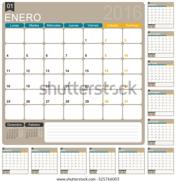 Spanish planning calendar 2016, week starts on Monday, vector illustration